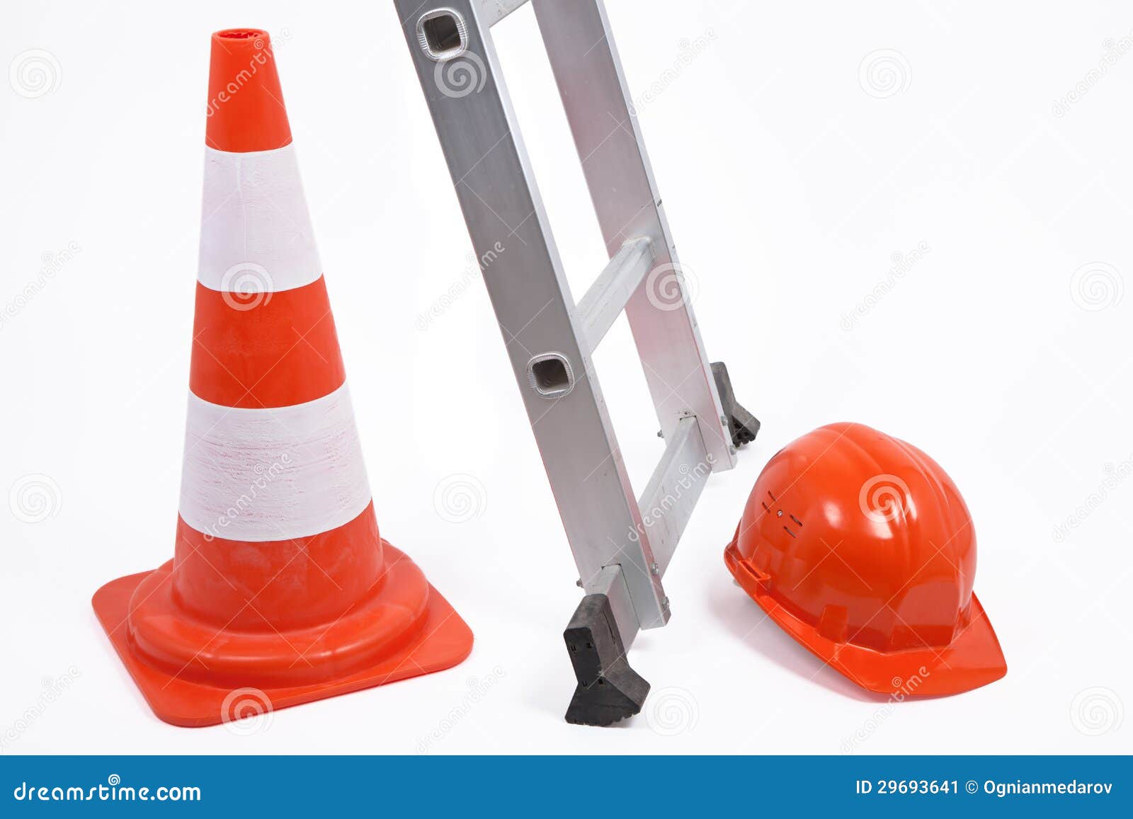 Traffic Cone, Ladder and Hardhat Stock Image - Image of striped, metal ...