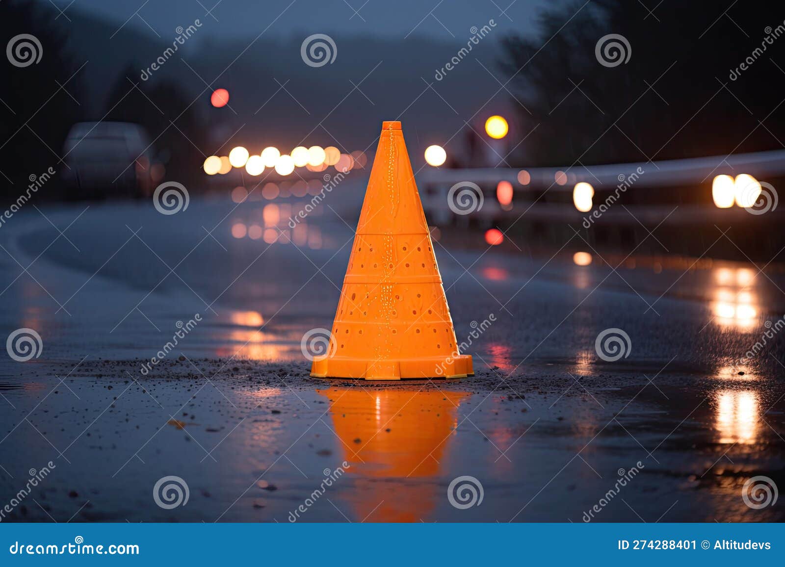 A Traffic Cone in a Light Drizzle, Giving the Illusion of Rain Stock ...