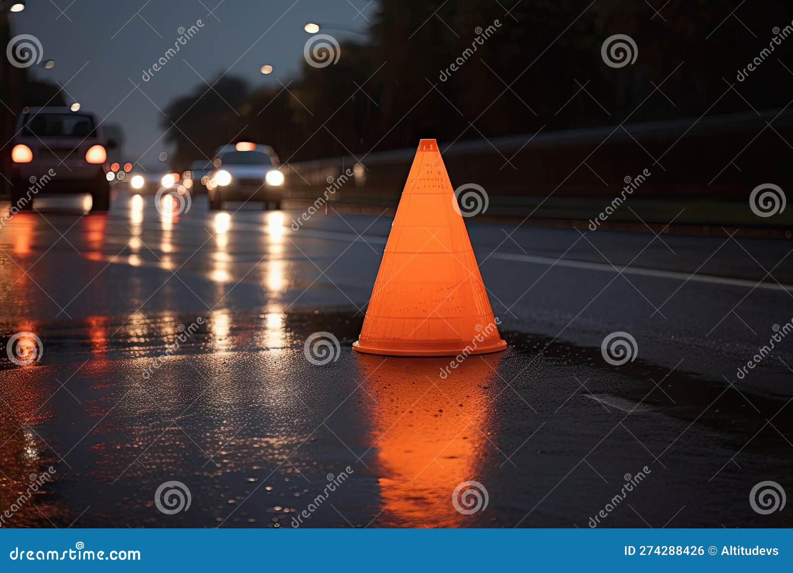 A Traffic Cone in a Light Drizzle, Giving the Illusion of Rain Stock ...