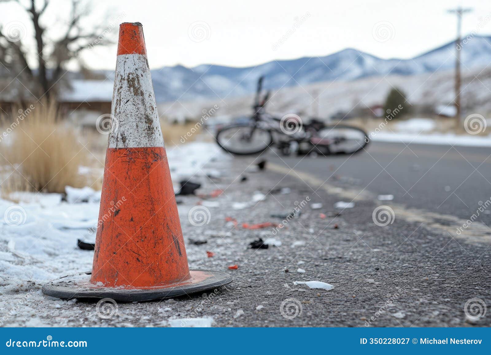 Traffic Cone Marking Bicycle Accident Scene on Mountain Road Stock ...