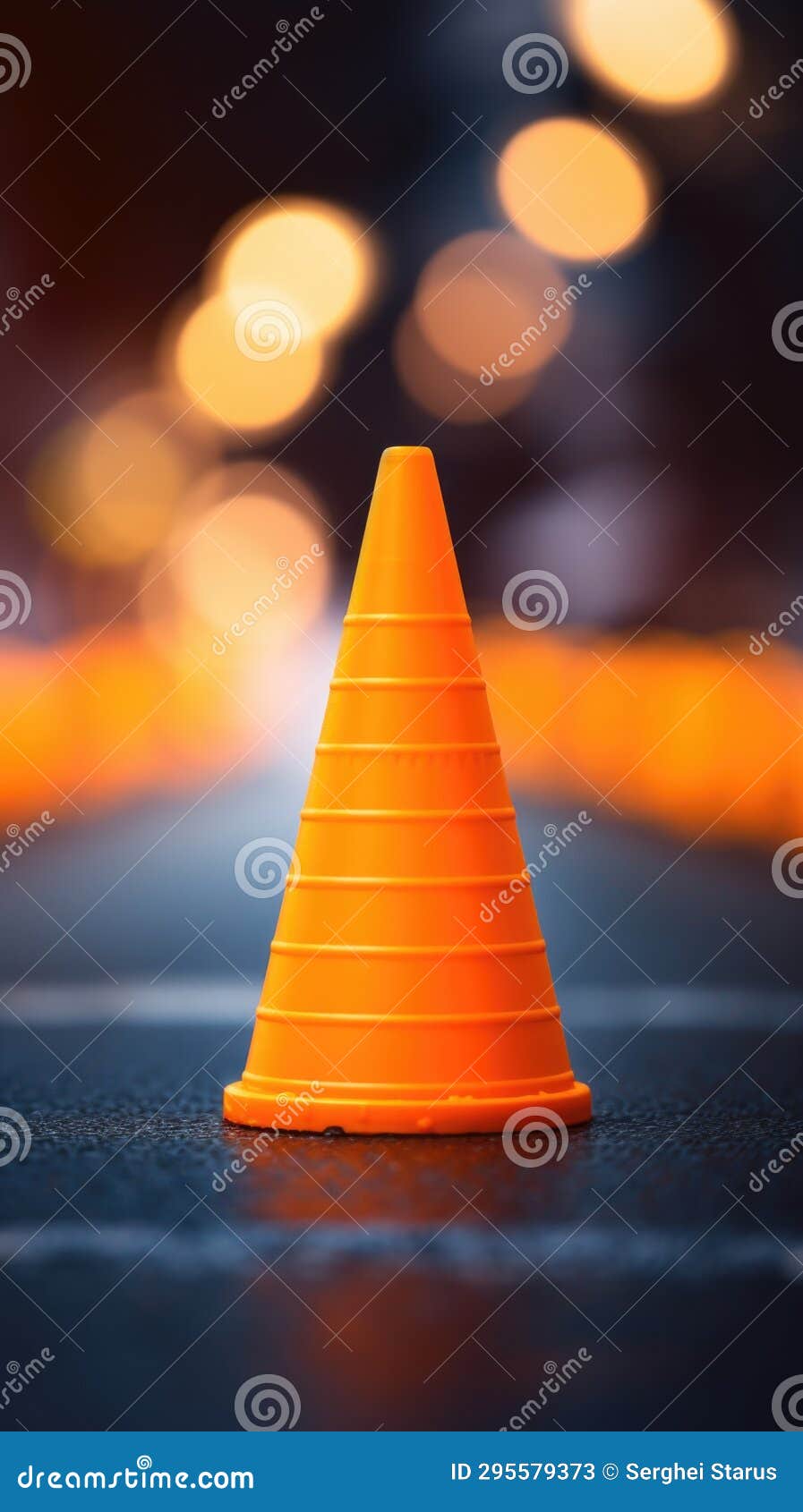 A Traffic Cone on a Road with Blurred Lights, AI Stock Illustration ...