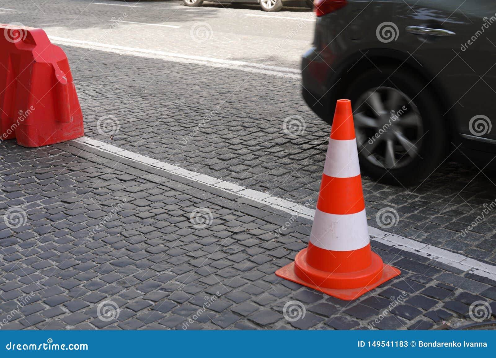 Traffic Cone on the Road with Car Stock Image - Image of site, marking ...