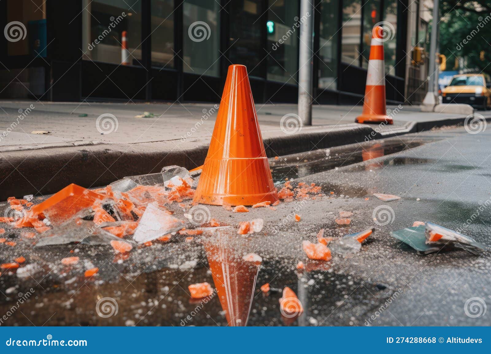 Traffic Cone on Sidewalk, Surrounded by Broken Glass and Other Debris ...