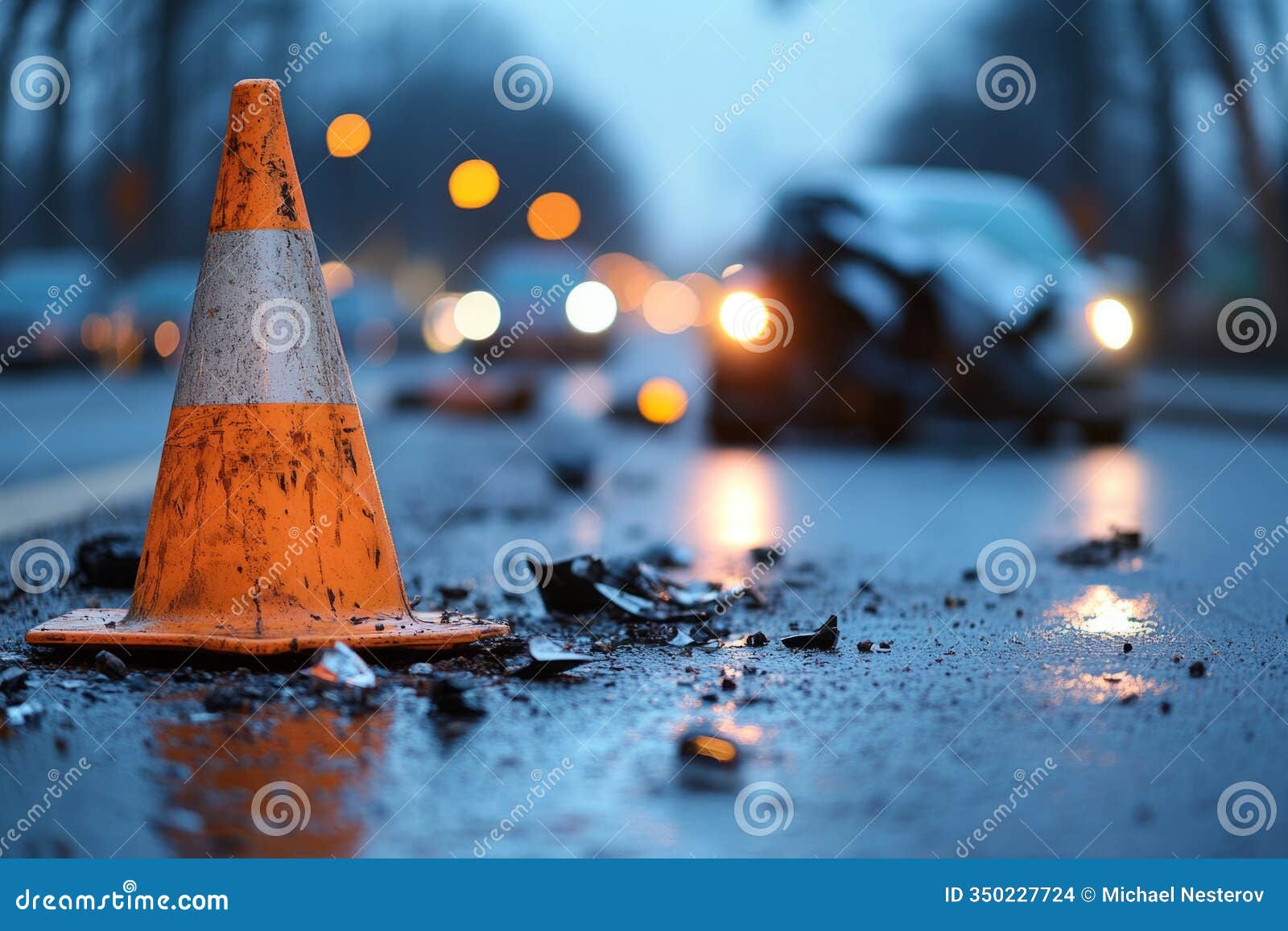 Traffic Cone Warning of Car Crash on Wet Asphalt Road at Dusk Stock ...