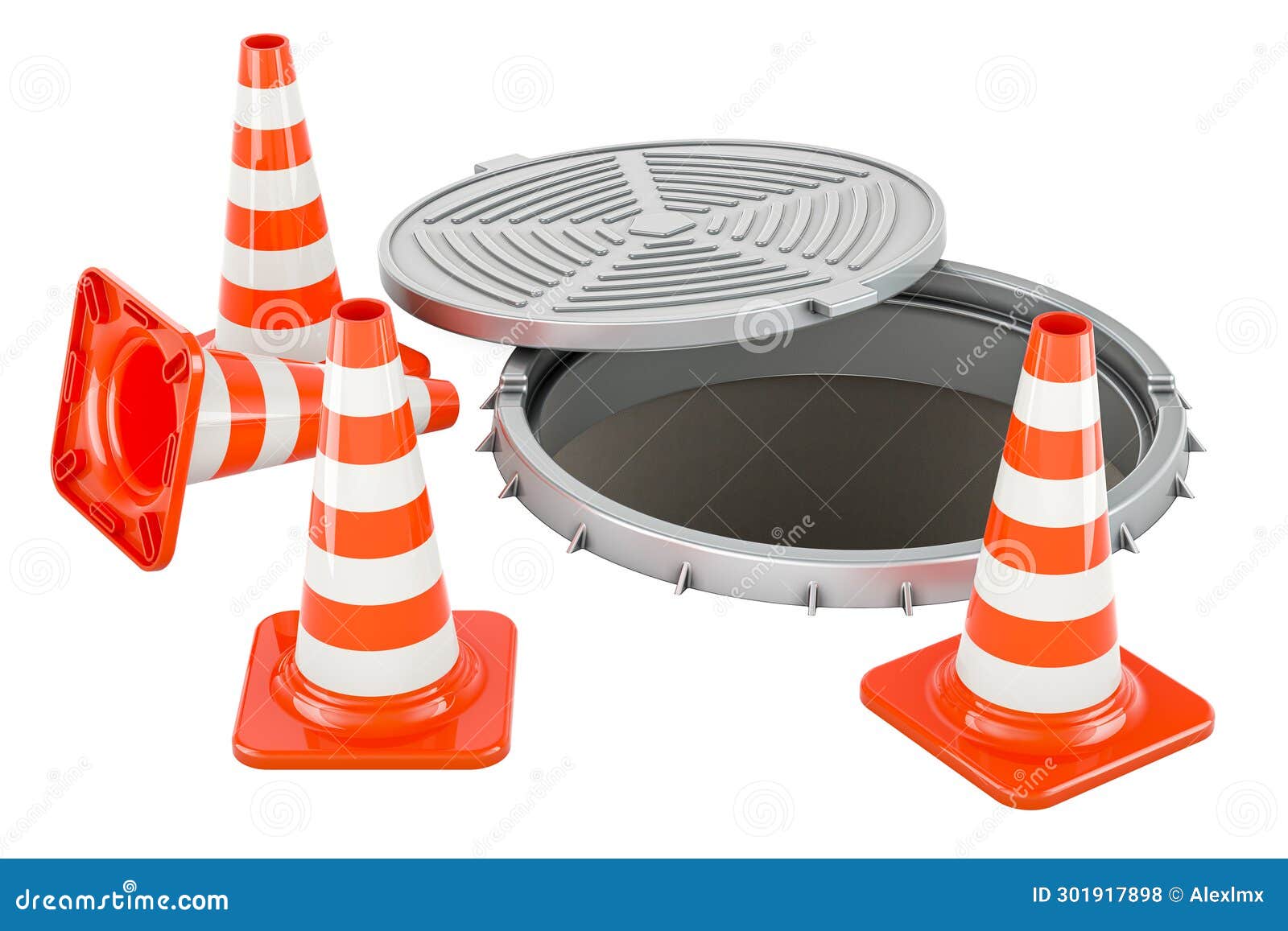 Traffic Cones and Manhole, 3D Rendering Stock Illustration ...