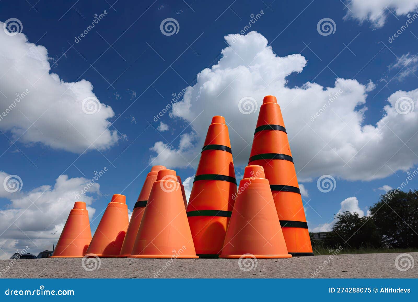 Traffic Cones in a Stack with Blue Sky and Clouds Visible Above Stock ...