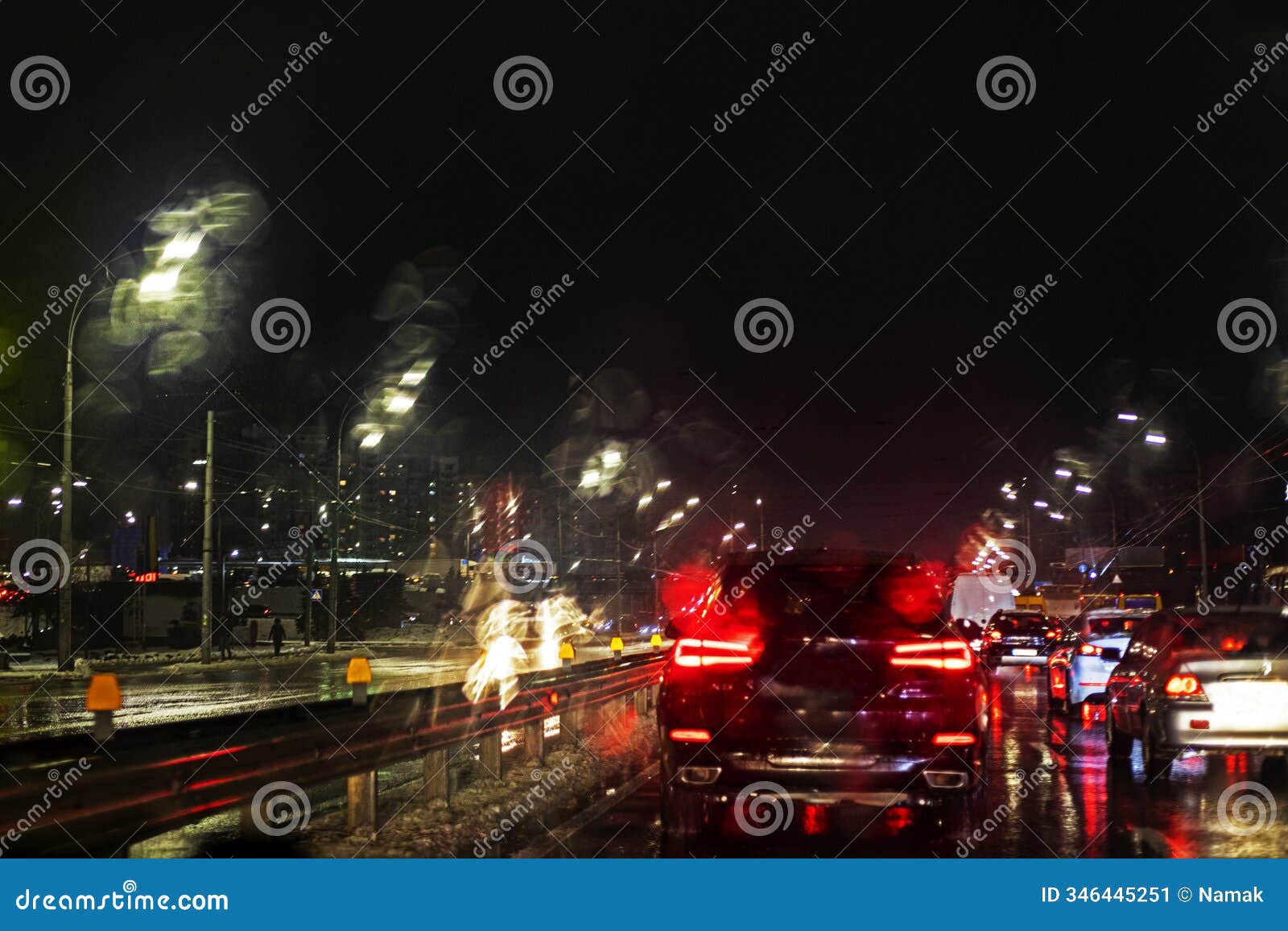 Traffic Jam on the Highway with Poor Visibility during Heavy Rain with ...