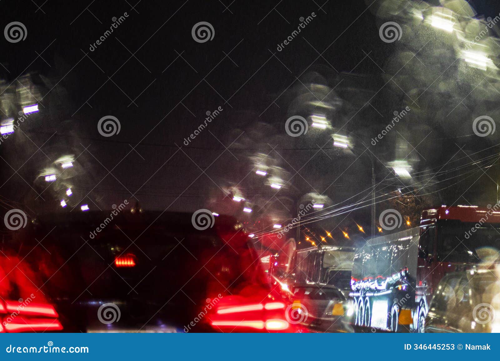 Traffic Jam on the Highway with Poor Visibility during Heavy Rain with ...