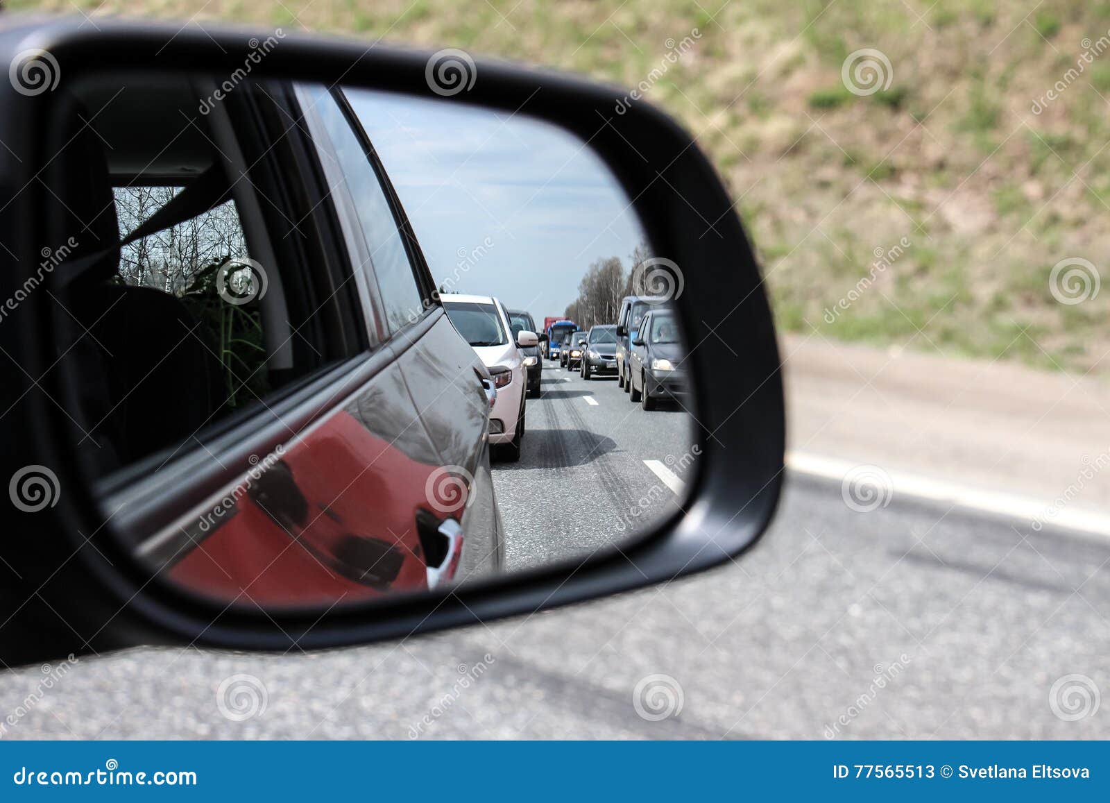 Traffic Jam through Rear-view Mirror Stock Image - Image of asphalt ...