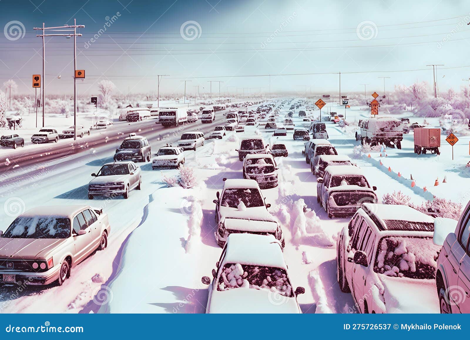 Traffic Jam in a Snow Storm. Neural Network AI Generated Stock ...