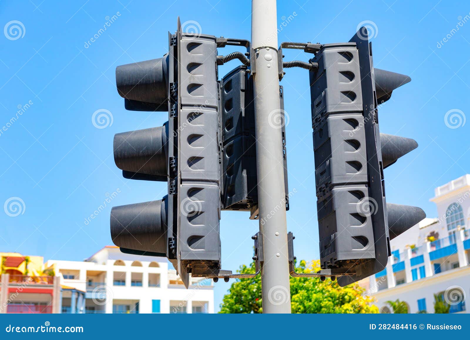 Traffic Light on Blue Sky Background Stock Photo - Image of crossroads ...