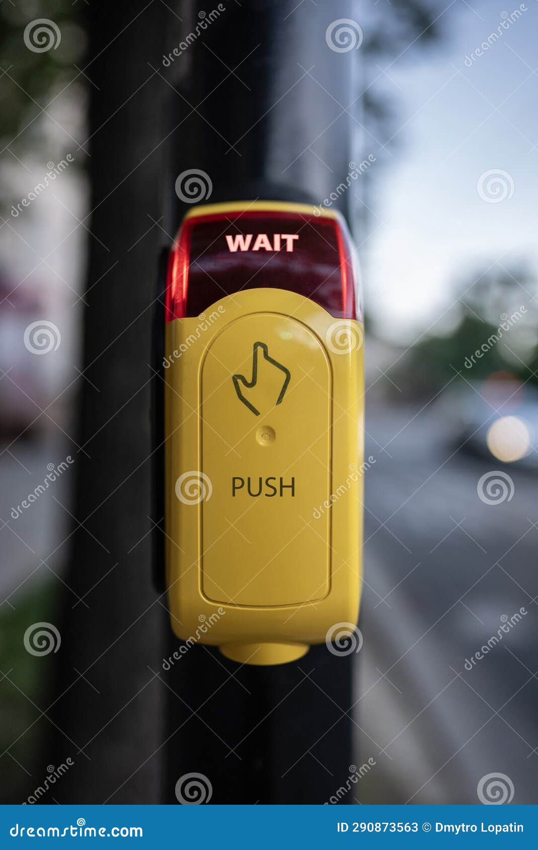 Traffic Light Button with Red Light and Wait Stop Signal, Yellow Box ...