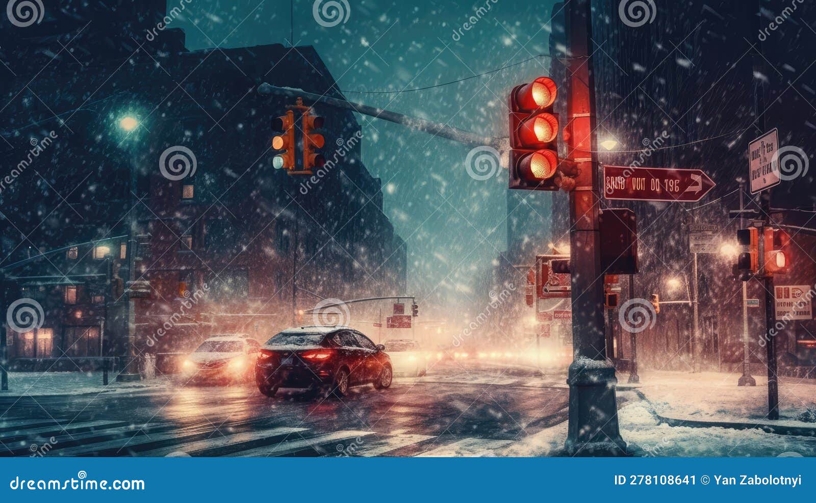 A Traffic Light in a City Intersection during a Snowstorm at Night with ...