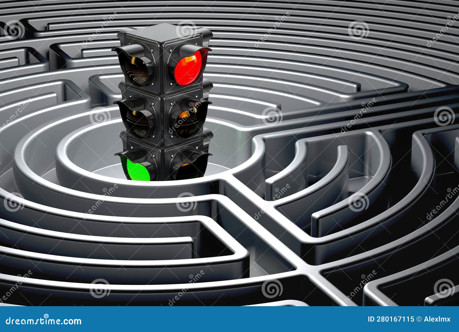 Traffic Light Inside Dark Labyrinth, 3D Rendering Stock Illustration ...