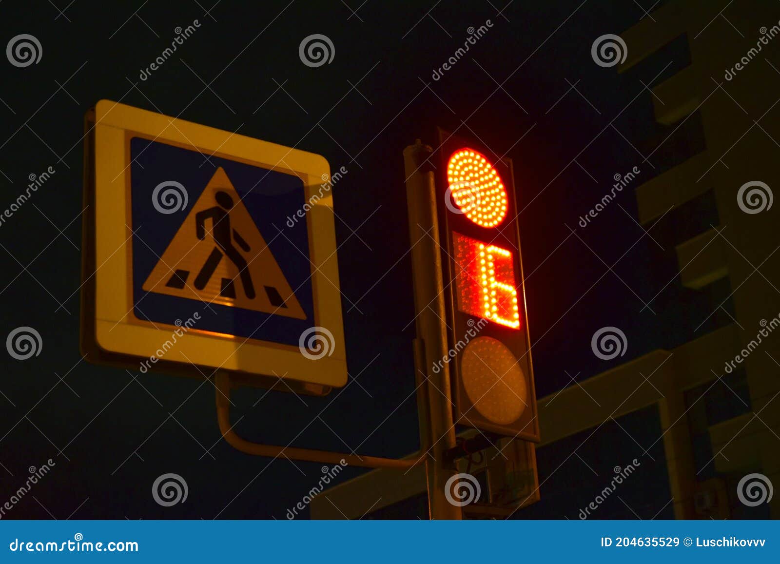 Traffic Light at the Intersection at Night for Pedestrians and Cars ...