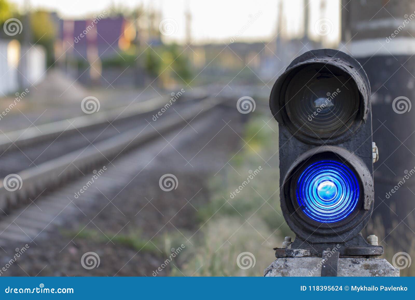 Traffic Light on Railway Tracks. Blue Light is on Stock Photo - Image ...