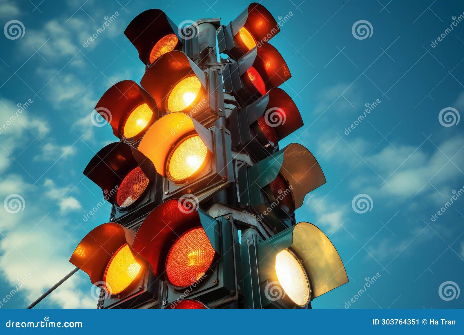 Traffic Light with Red and Yellow Lights on Blue Sky Background Stock ...