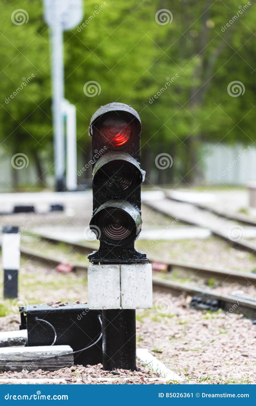 Traffic Light Shows Red Signal on Railway. Station. Stock Image - Image ...