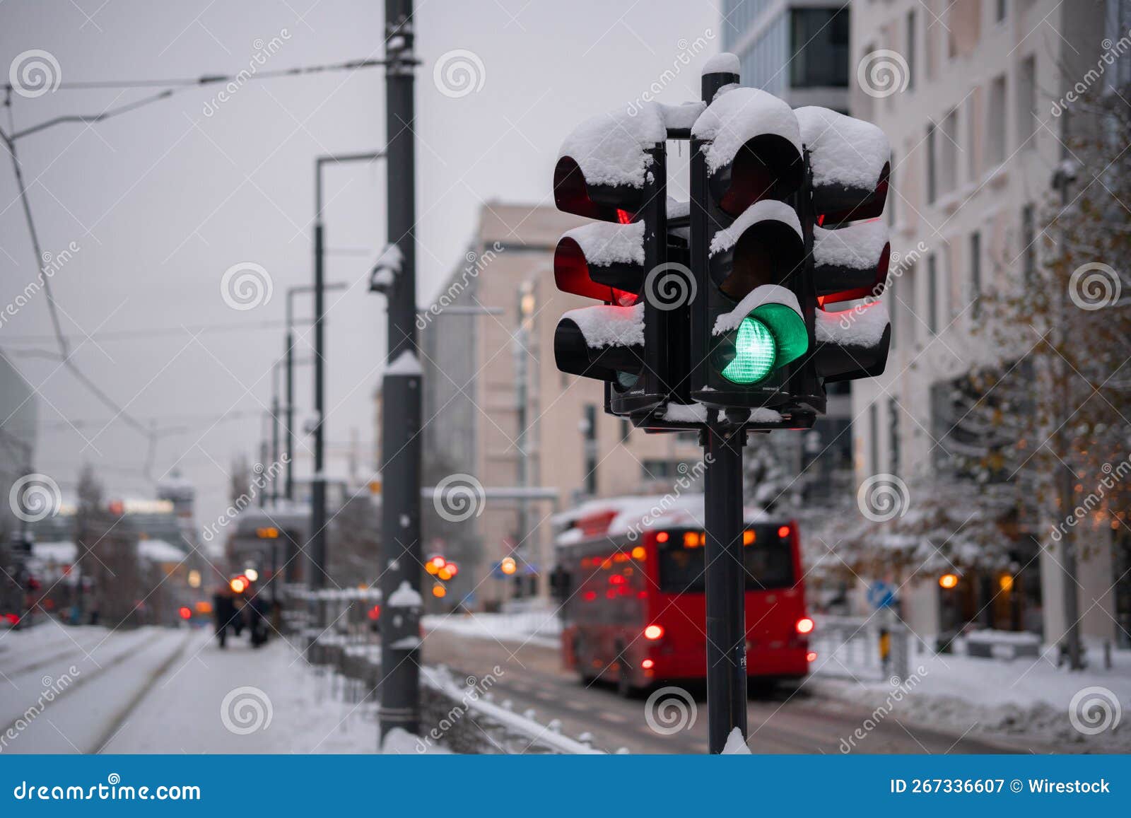 Traffic Light on the Street while it is Snowing Stock Image - Image of ...