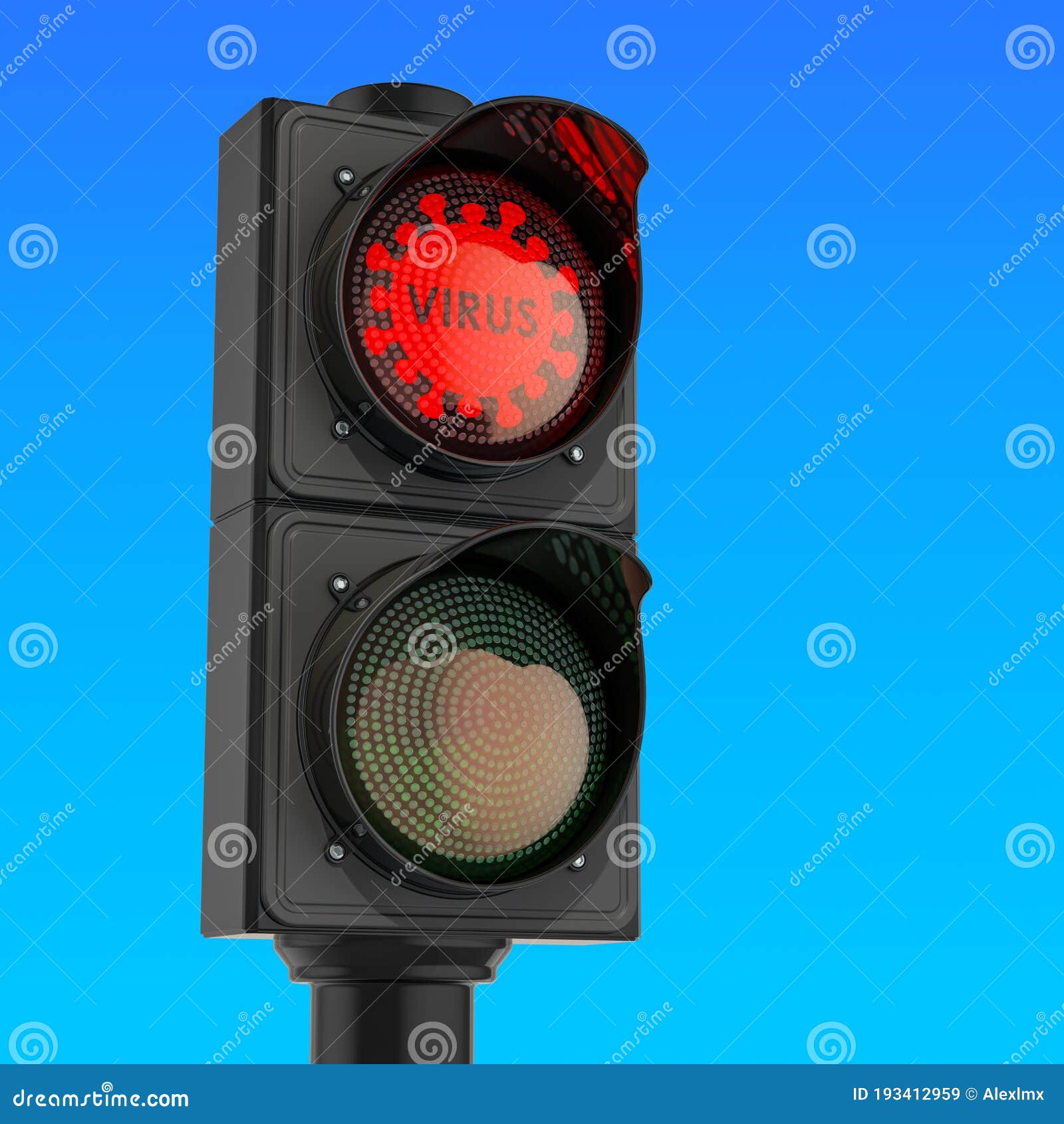 Traffic Light Virus with Red Light Against Blue Sky, 3d Rendering Stock ...