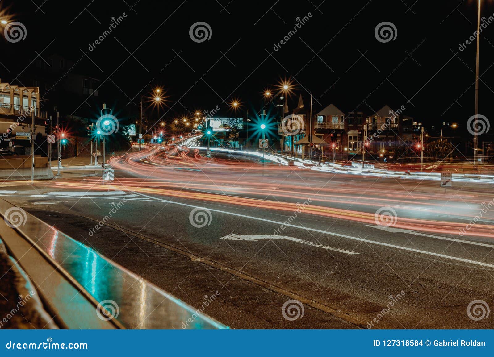 Traffic Lights on Intersection in Night Time Stock Photo - Image of ...