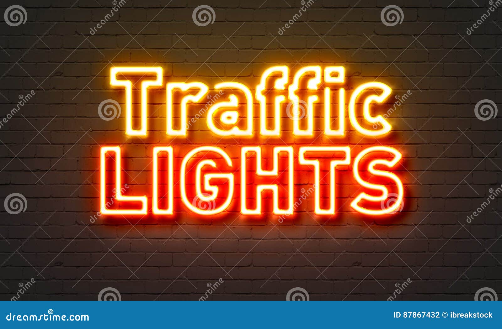 Traffic Lights Neon Sign on Brick Wall Background. Stock Illustration ...