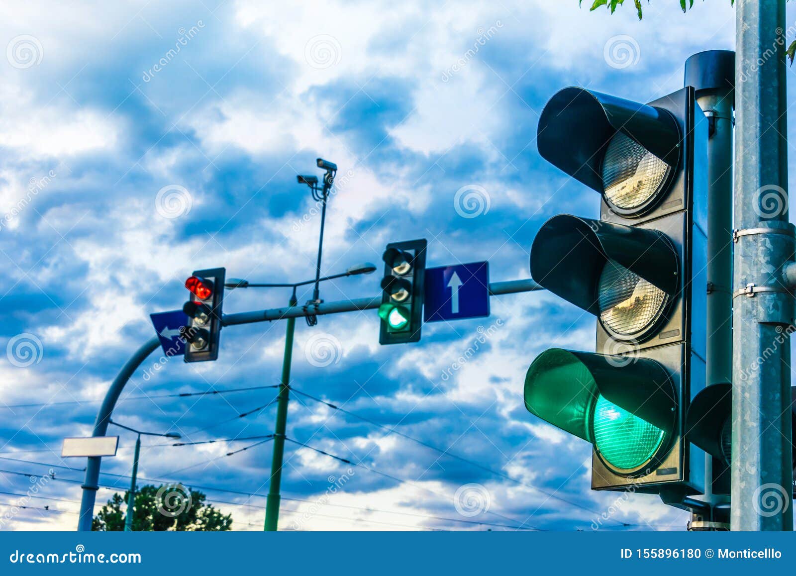 Traffic Lights Over Urban Intersection Stock Photo - Image of blue ...