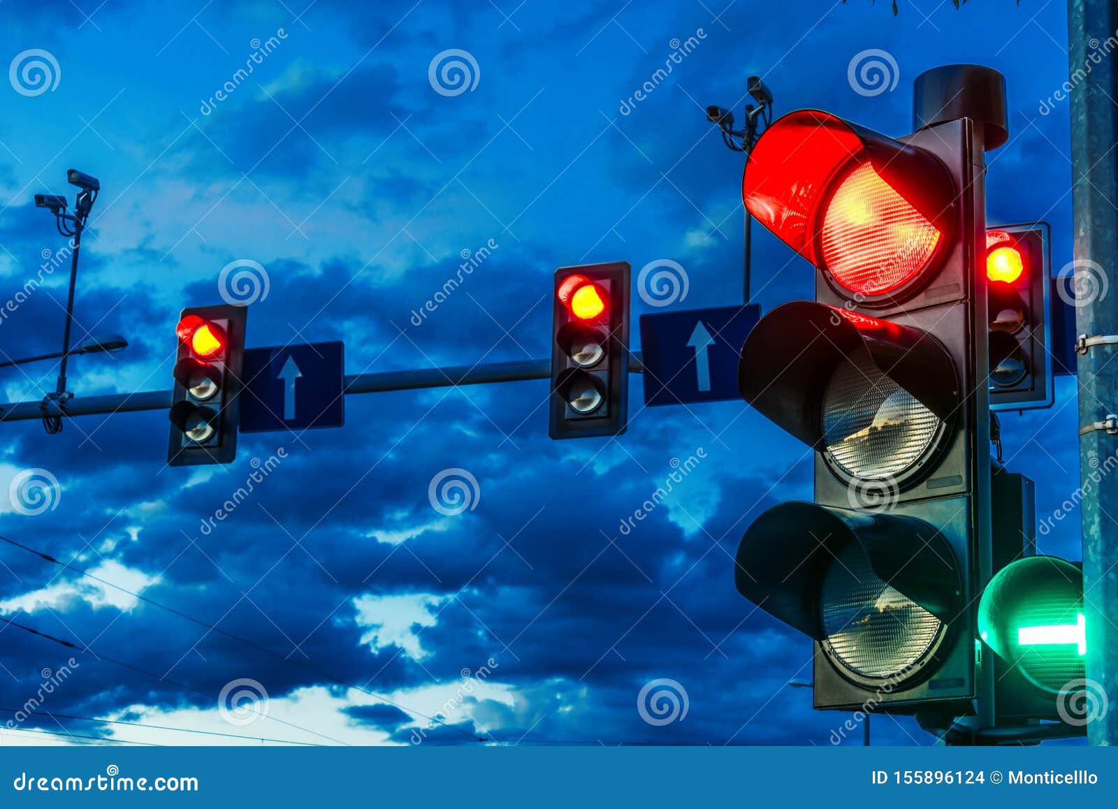 Traffic Lights Over Urban Intersection Stock Photo - Image of blue ...
