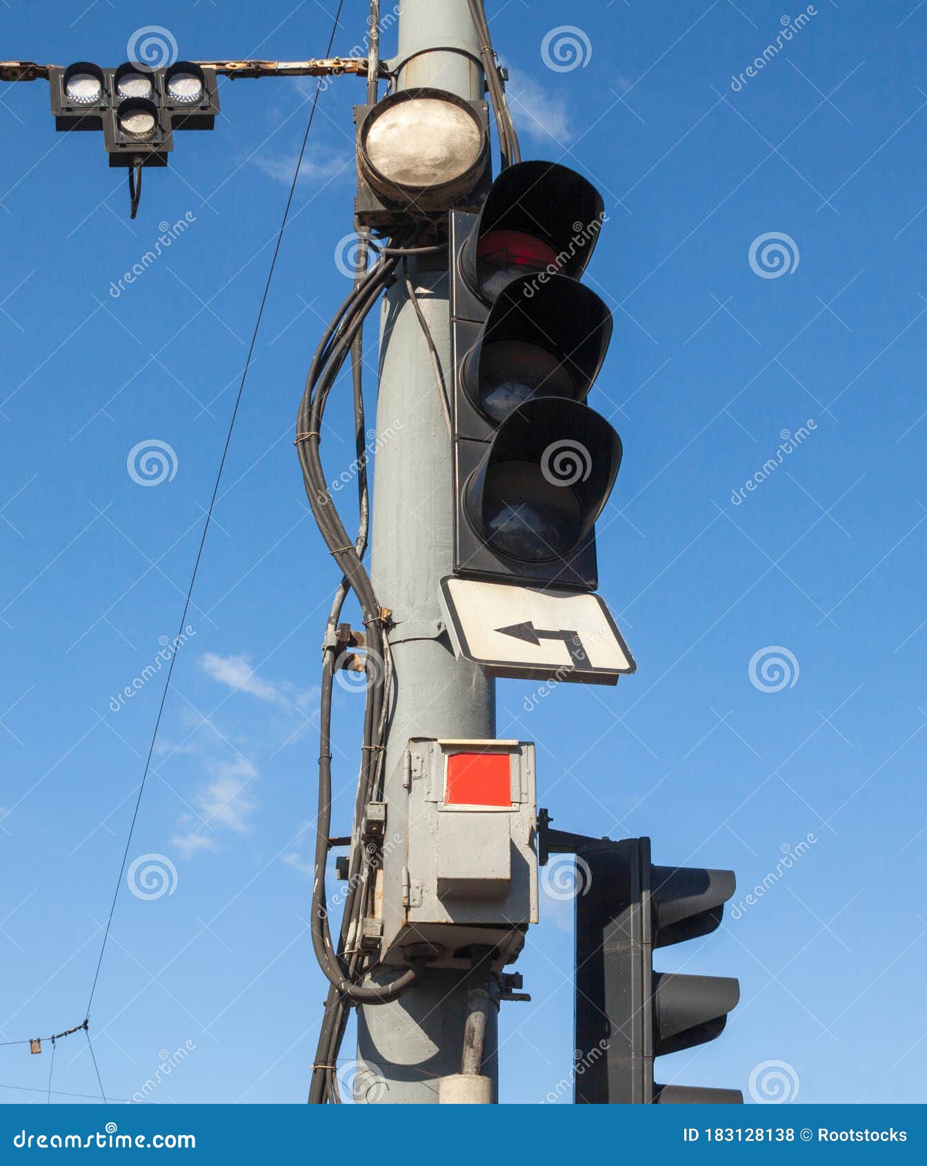 Traffic lights on the post stock photo. Image of demolished - 183128138