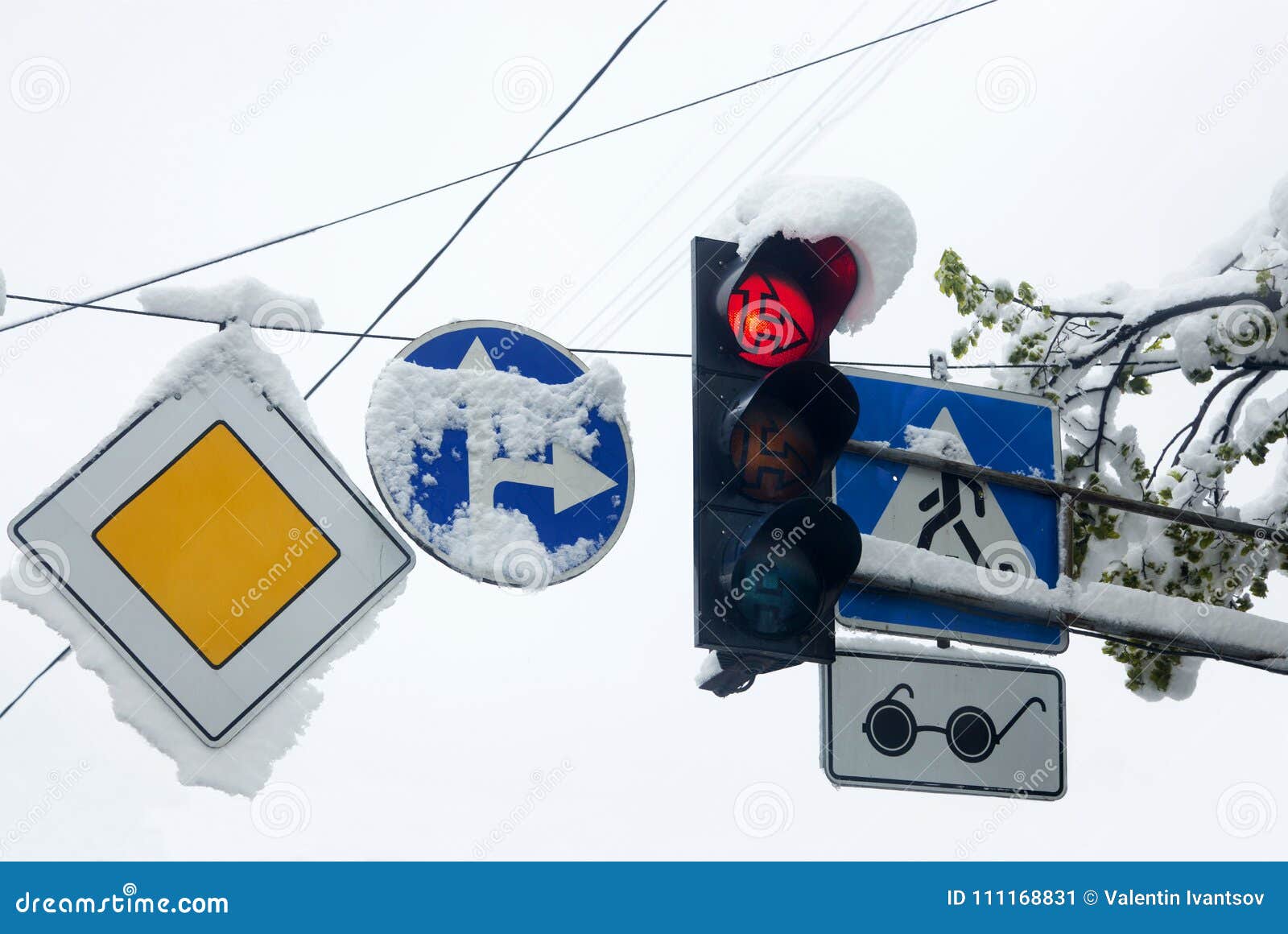 Traffic Lights and Road Signs Covered with Snow. Stock Image - Image of ...