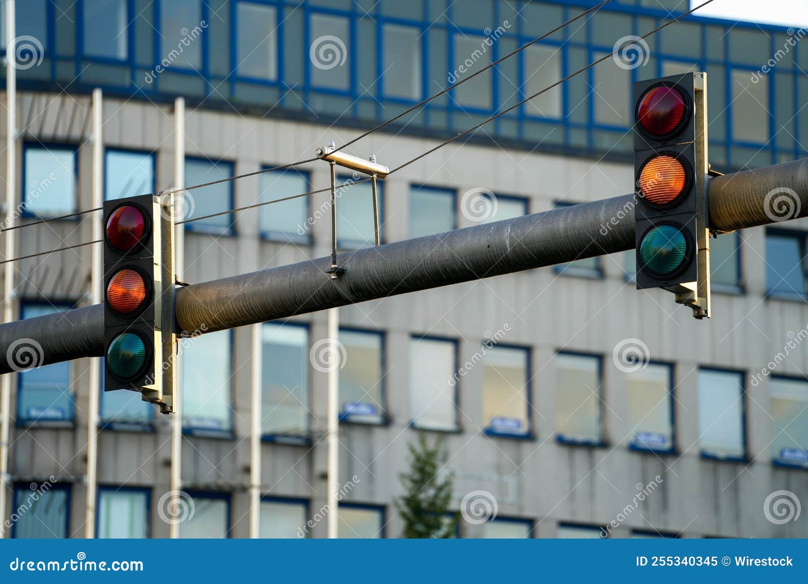 Traffic Lights with Yellow Light on Horizontal Pole Stock Image - Image ...