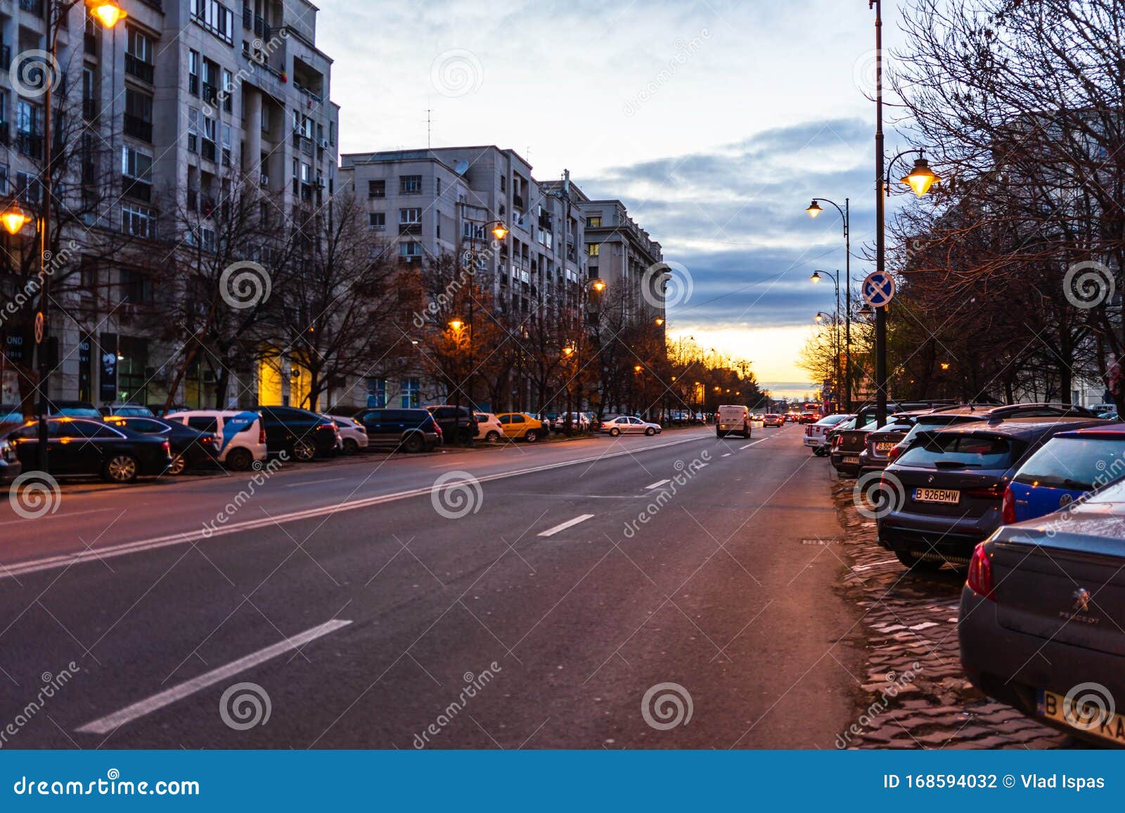 Traffic on the Main Boulevard in Bucharest Downtown. Winter Evening in ...