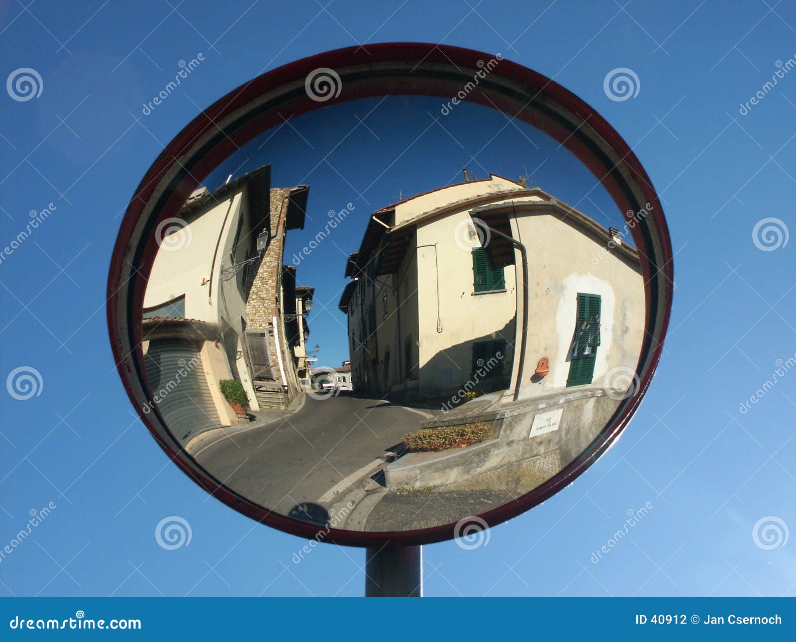 Traffic Mirror Reflecting Small Town Stock Photo - Image of street ...