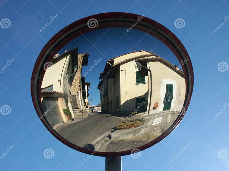 Traffic Mirror Reflecting Small Town Stock Photo - Image of street ...
