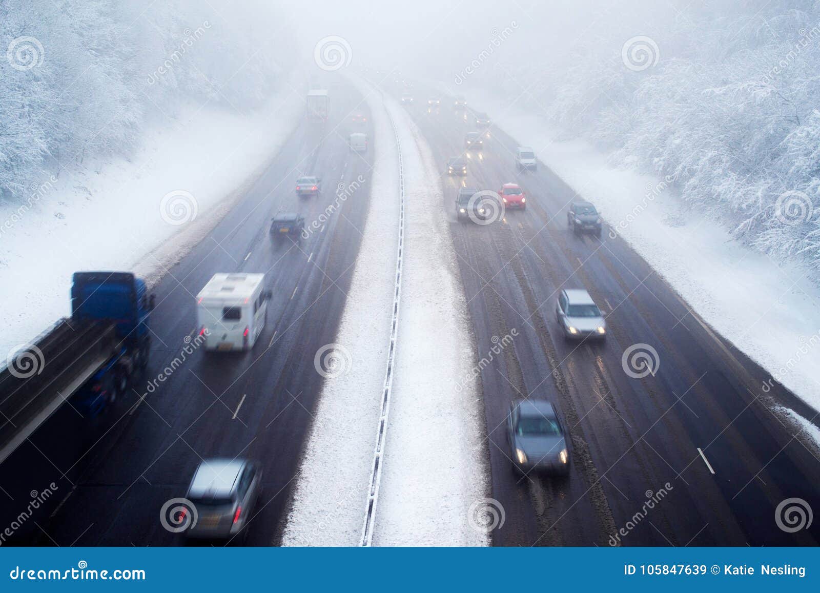 Traffic on Motorway during Snow Storm Stock Image - Image of horizontal ...