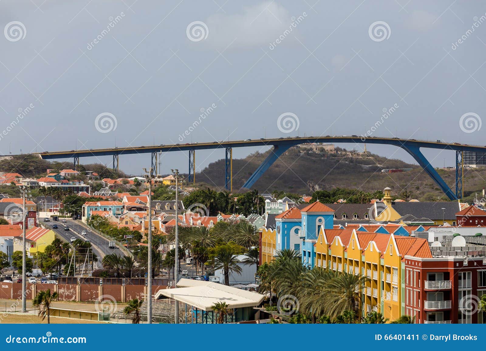 Traffic Over High Blue Bridge Stock Image - Image of building, coast ...