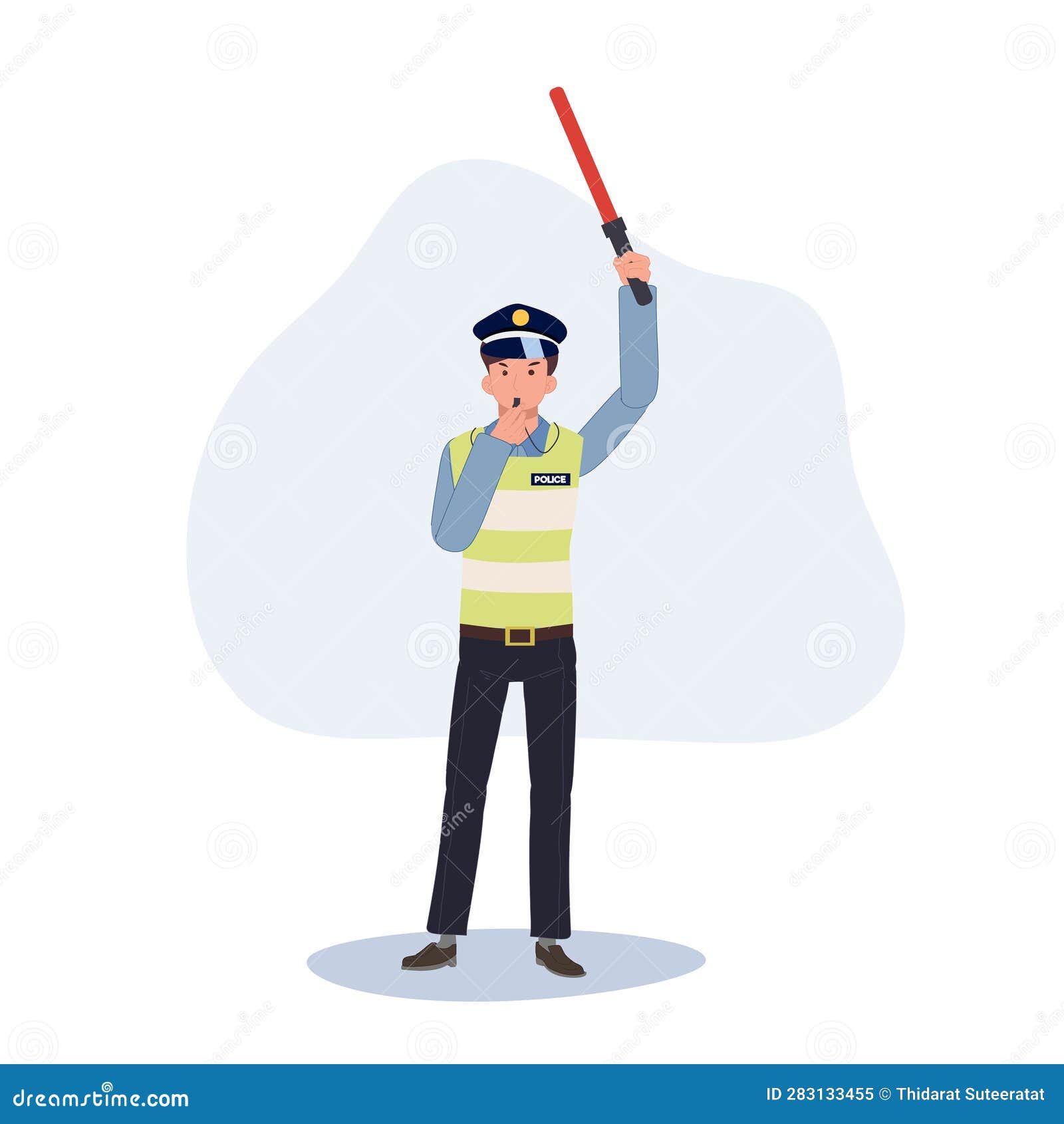 A Traffic Police is Blowing Whistle and Holding Traffic Baton Up Above ... A Traffic Police is Blowing Whistle and Holding Traffic Baton Up Above ...