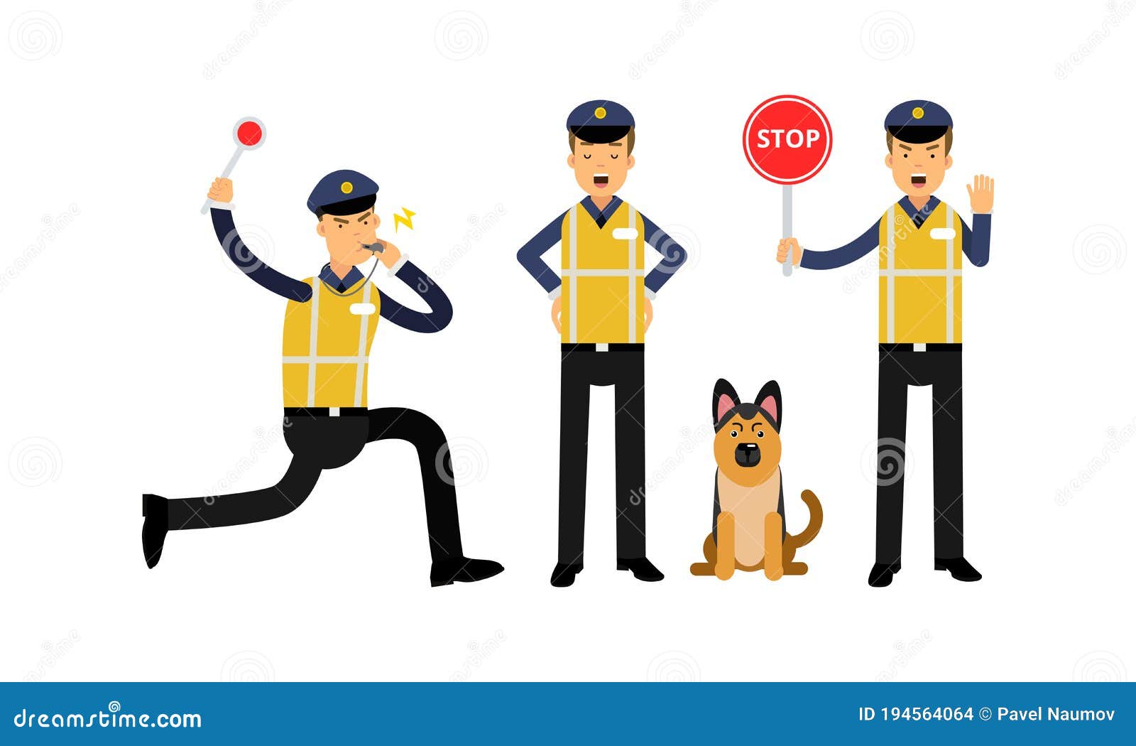 Traffic Policeman Wearing Yellow Vest Blowing a Whistle and Showing ... Traffic Policeman Wearing Yellow Vest Blowing a Whistle and Showing ...