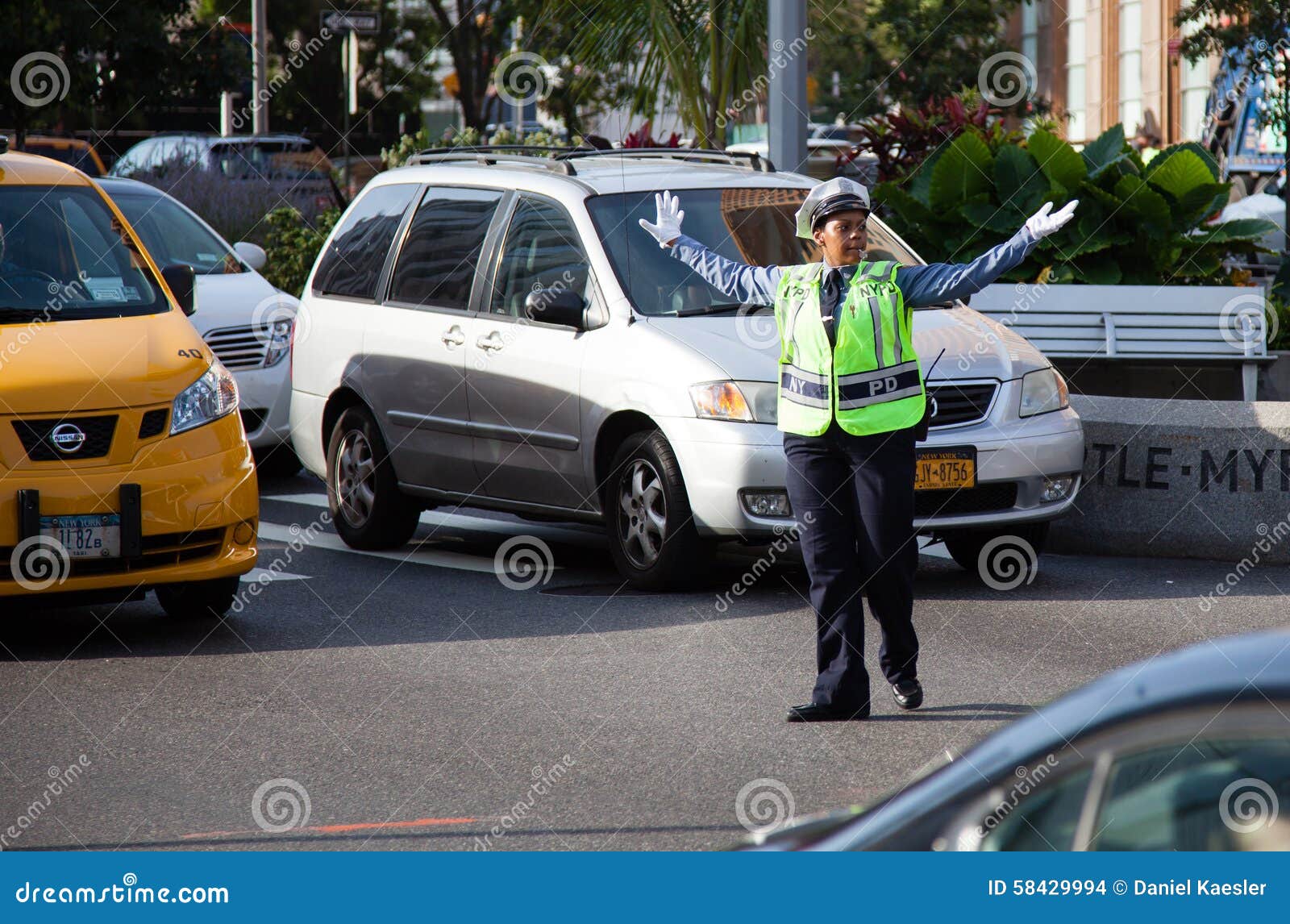 Traffic Policewoman And Motor Policeman On Duty, Standing In The ...