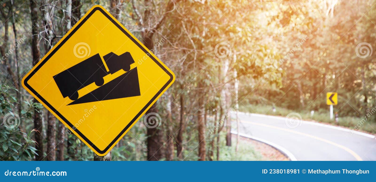 Traffic Sign, Beware of Trucks on a Curved Road Stock Image - Image of ...