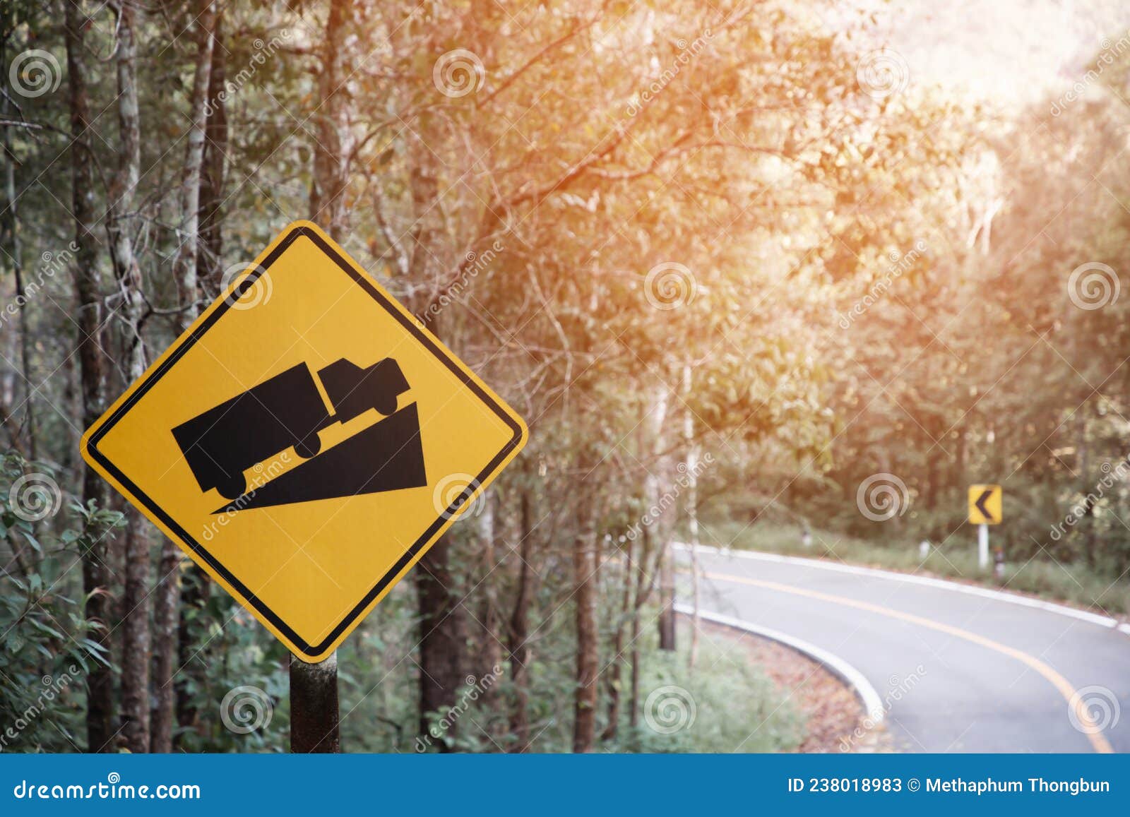 Traffic Sign, Beware of Trucks on a Curved Road Stock Image - Image of ...