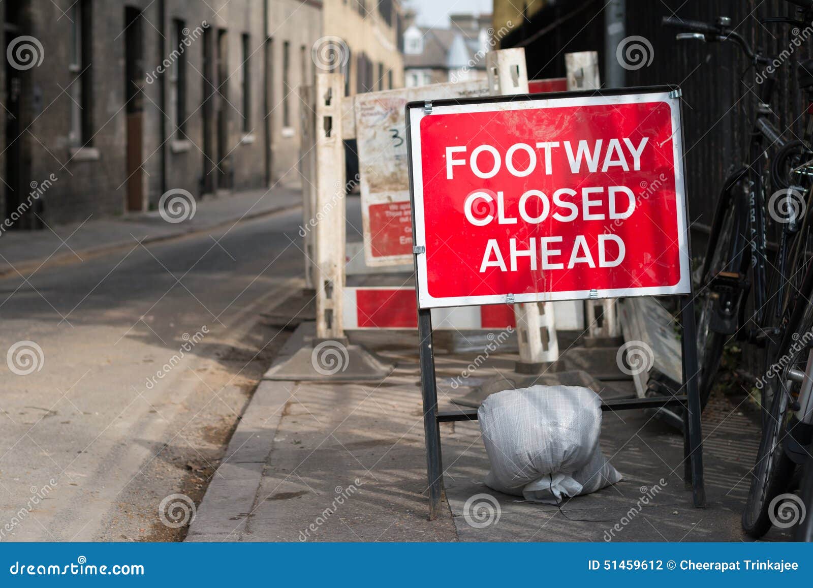 Traffic Sign: Footway Closed Ahead Stock Photo - Image of post ...