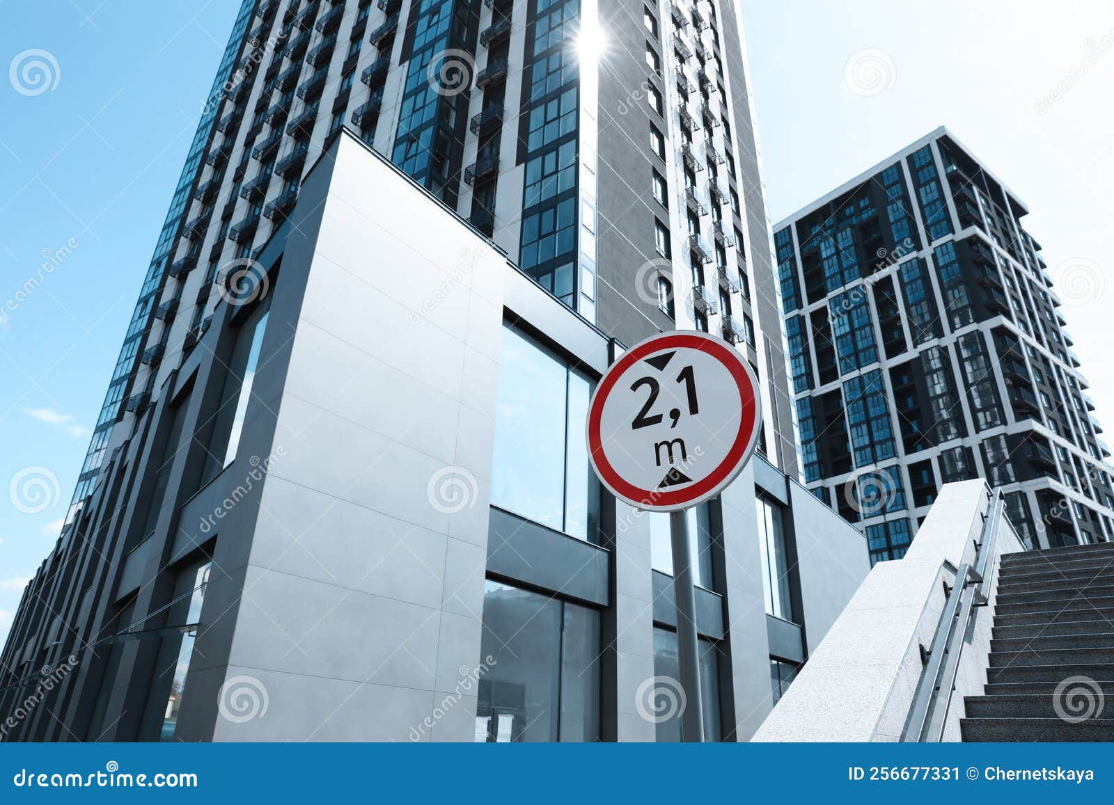 Traffic Sign Height Limit Near Modern Building, Low Angle View Stock ...