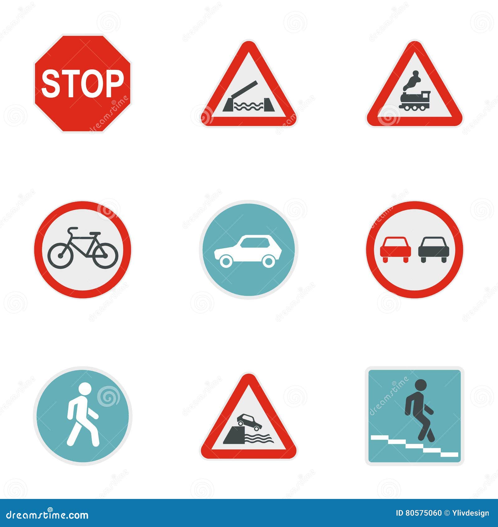 Traffic Sign Icons Set, Flat Style Stock Vector - Illustration of lane ...