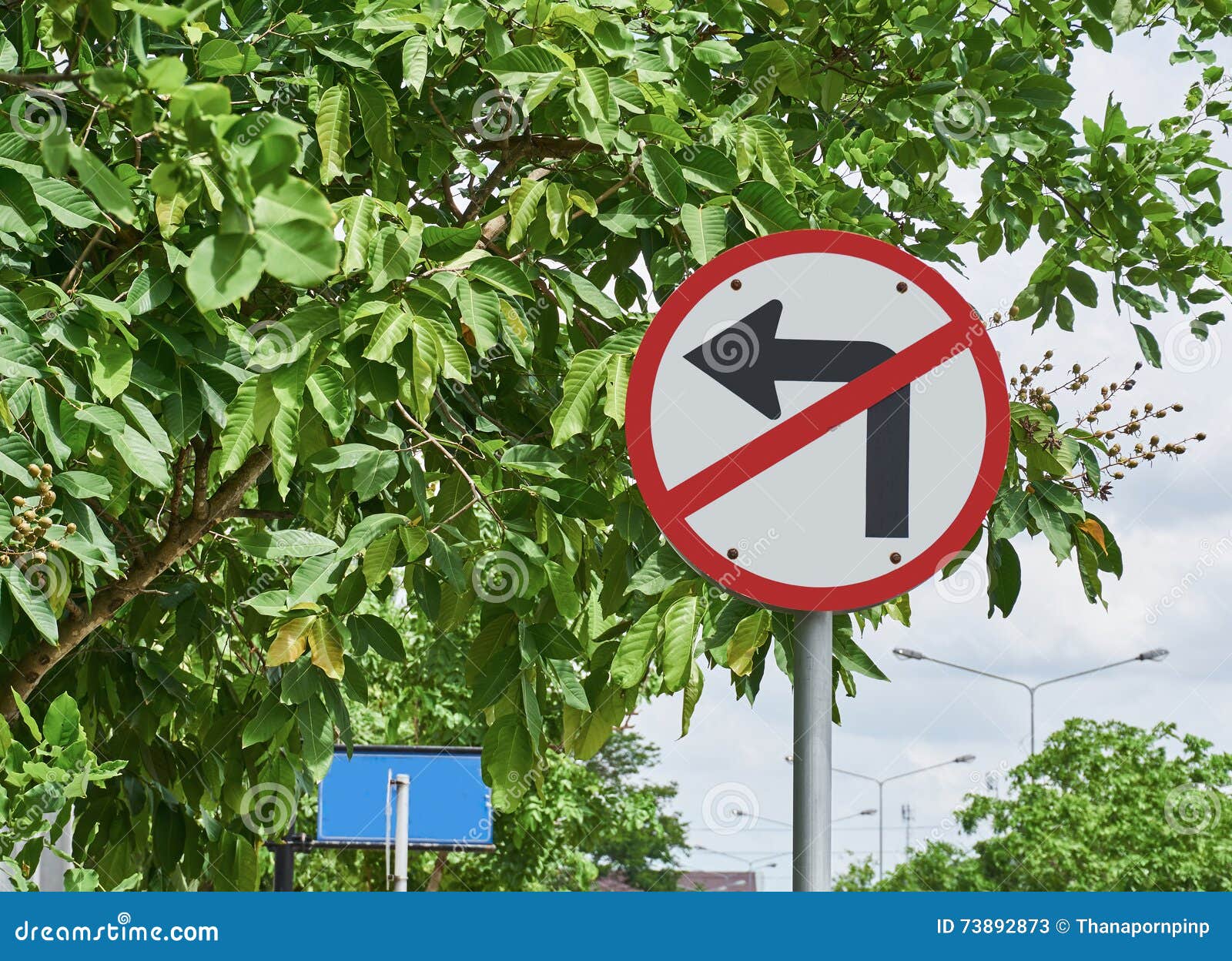 Traffic Sign, No Turn Left on Tree Background. Stock Image - Image of ...