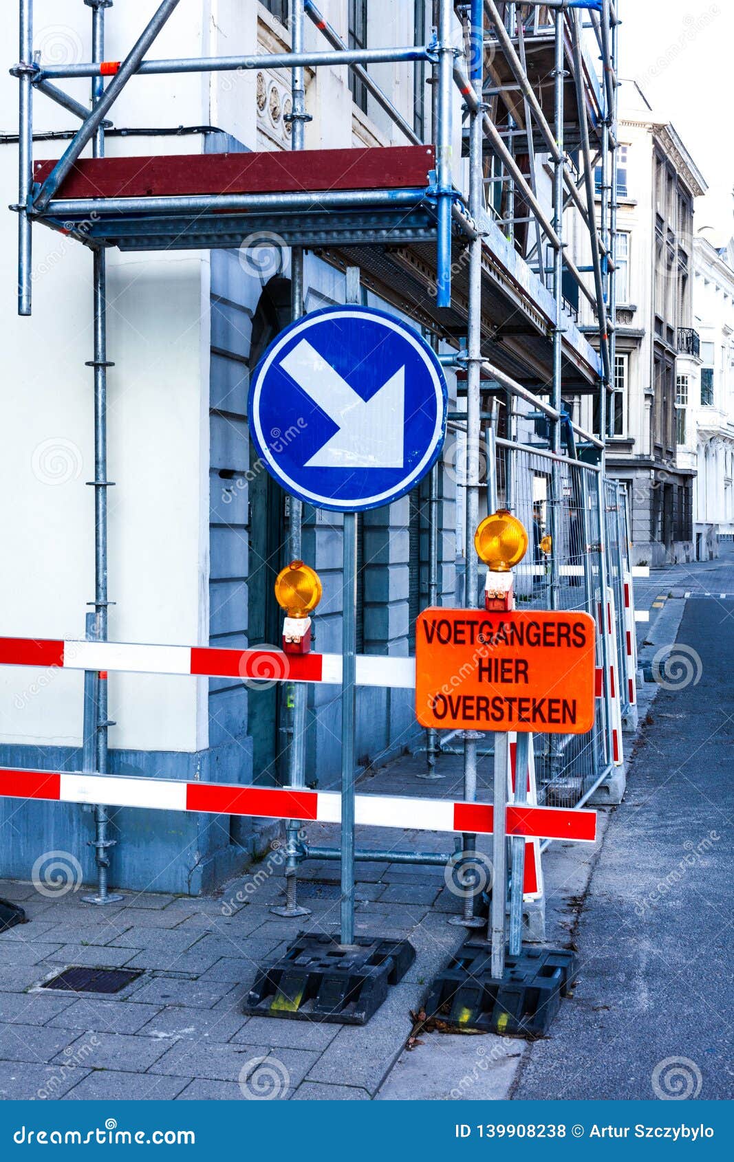 Traffic Sign And Pedestrian Warning. Construction Site Warning For ...