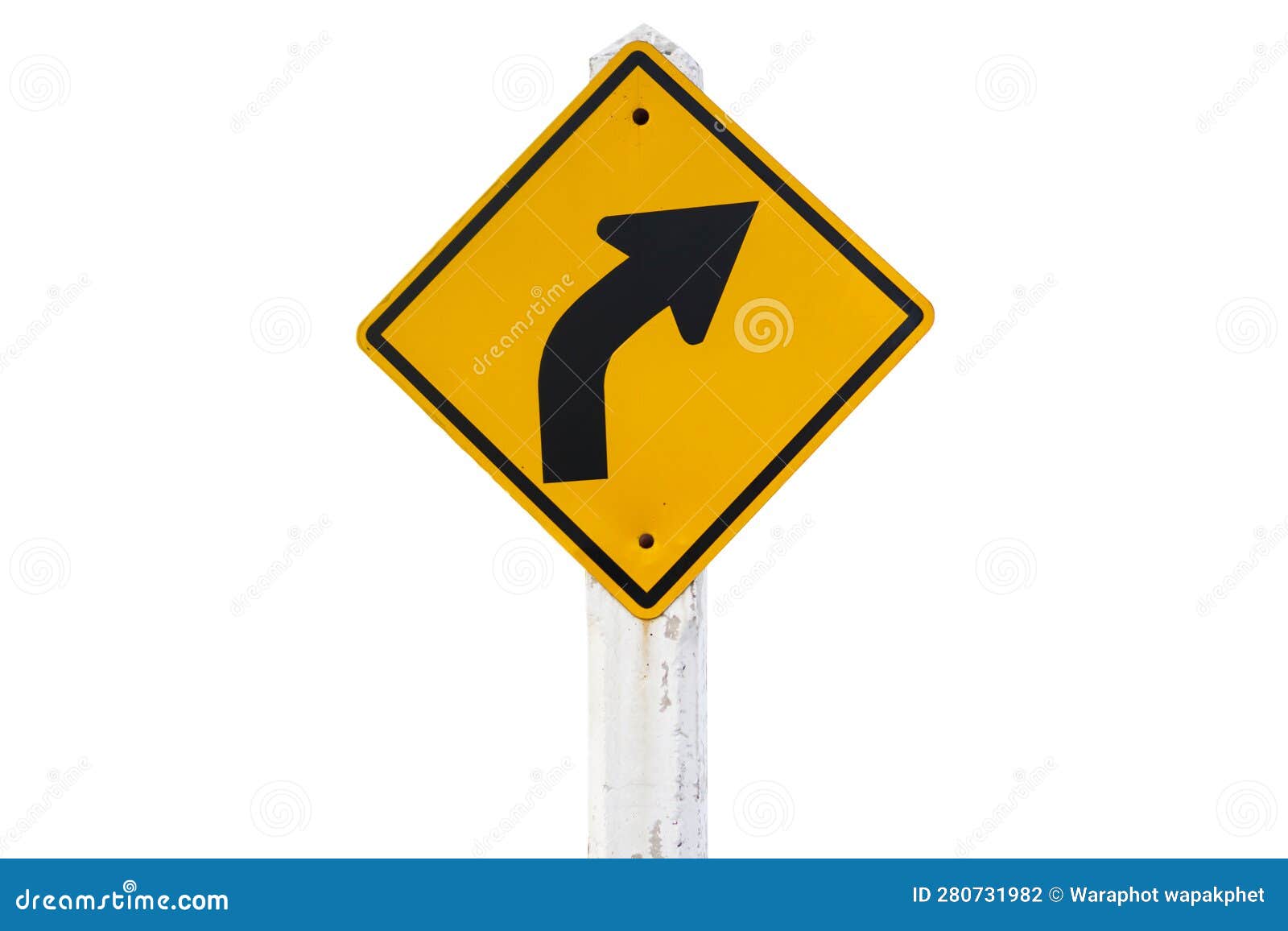 A Traffic Sign that is a Warning on a Right Curve on a White Background ...
