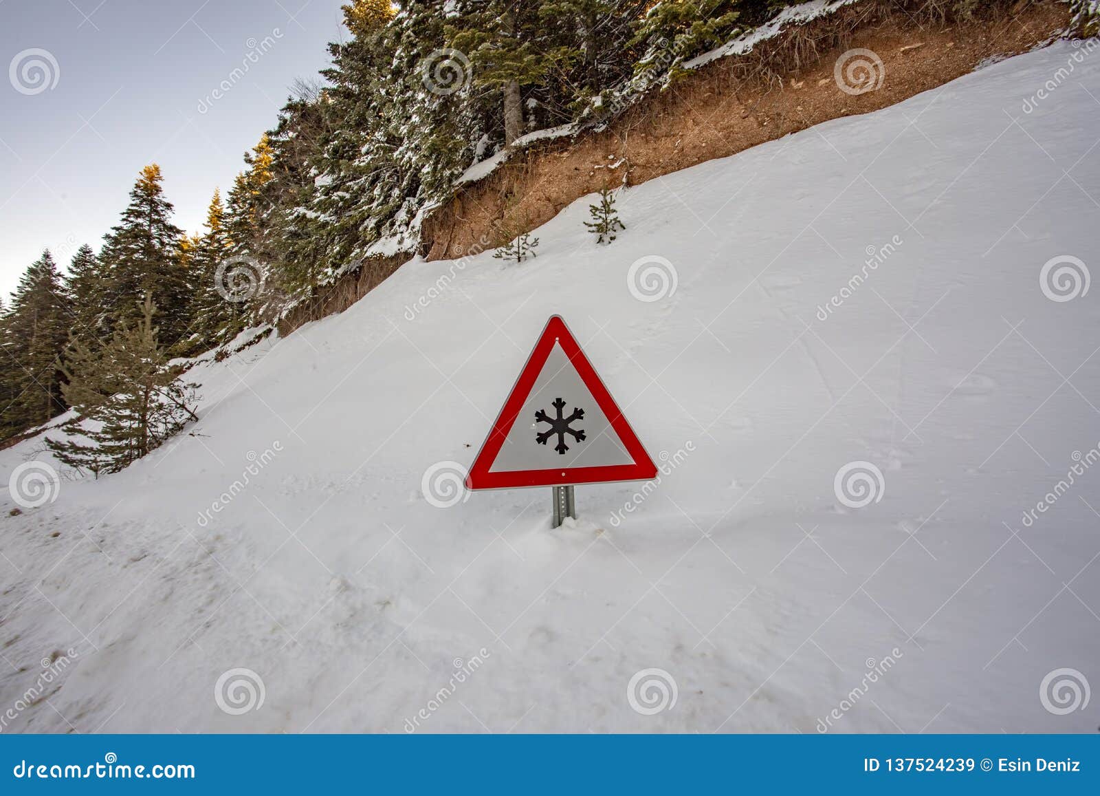 Traffic Sign Warns of Snow and Ice at Road Stock Image - Image of ...