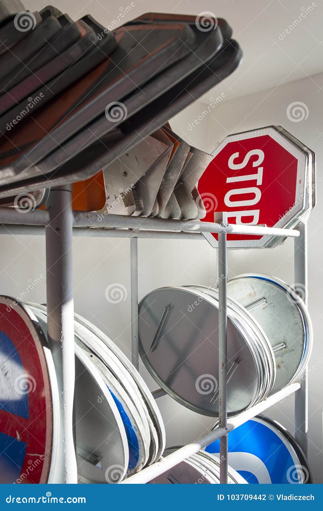 Traffic Signs in Stand, Rack on Service Site. Stock Photo - Image of ...