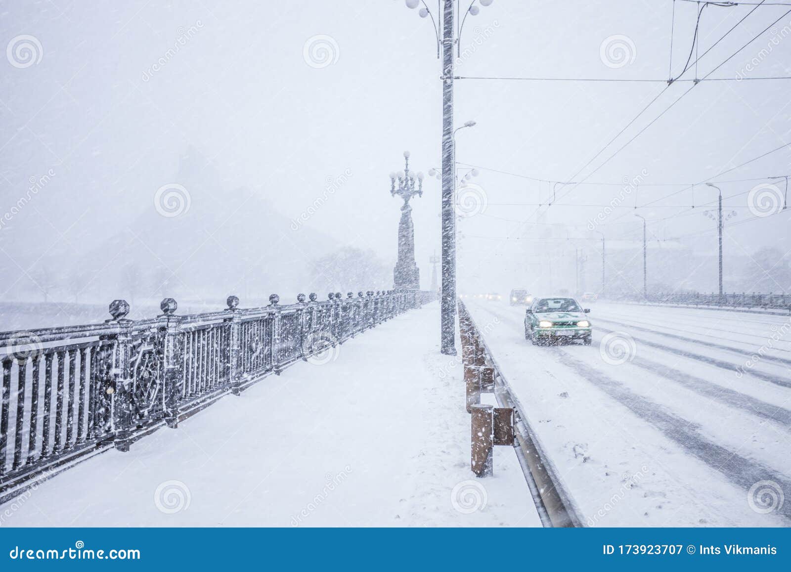 Traffic on Snow Covered Bridge during Heavy Snow Storm Stock Image ...